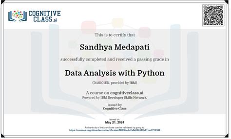Earned Data Analysis Certificate From Ibm Cognitive Class Medapati Sandhyareddy Posted On The