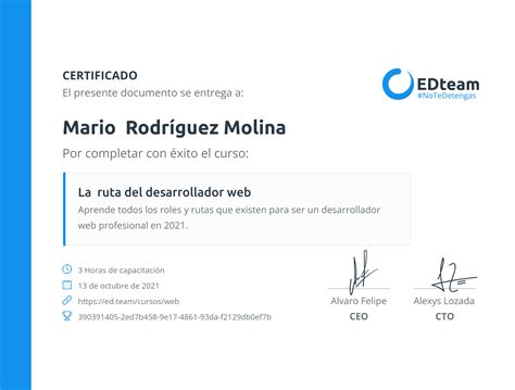 Certificado De Mario Rodríguez Molina Del Curso La Ruta Del Desarrollador Web Gratis Edteam