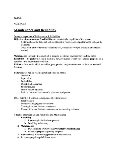 wk3 week 3 lecture notes gms401 w3 l3 ch3 maintenance and reliability strategic important of