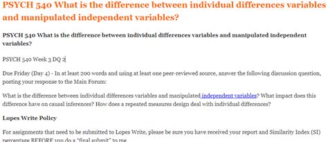 Psych 540 What Is The Difference Between Individual Differences Variables And Manipulated