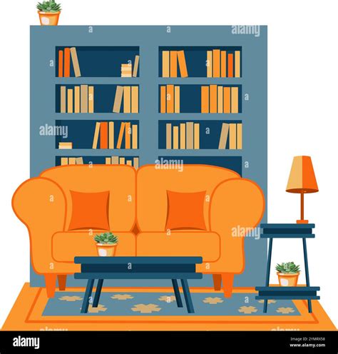 interior design with couch table bad table bookshelf with books vector illustrationt stock