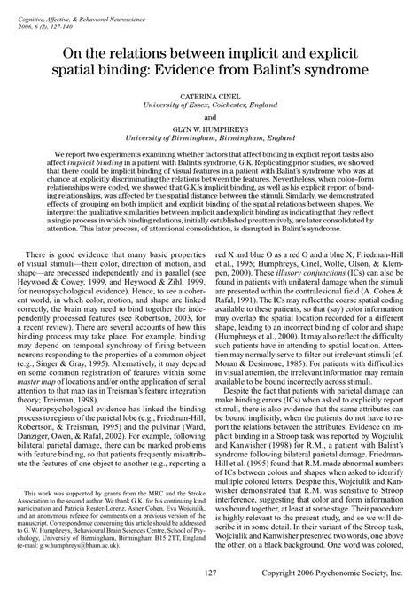 Pdf On The Relations Between Implicit And Explicit Spatial Binding Evidence From Balints