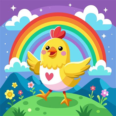 мультфильм курицы с радугой на заднем плане Премиум Ai сгенерированный вектор