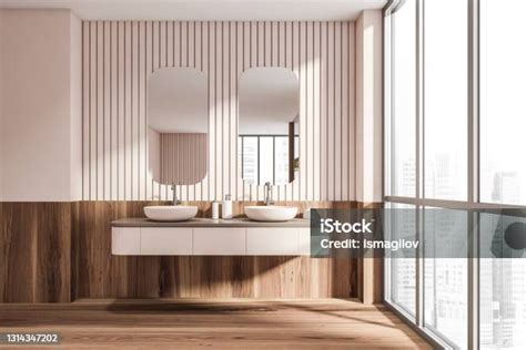 2개의 싱크대와 거울이 있는 욕실 인테리어 도시 전망을 감상할 수 있는 창문 0명에 대한 스톡 사진 및 기타 이미지 0명 3차원 형태 가구 Istock