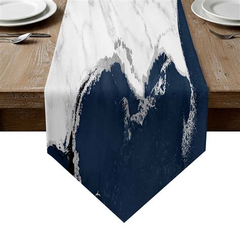 Blue Marble Crack Table Runner Linen Burlap Table Runner 72 Inches Long