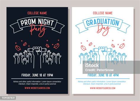 2 학술 포스터의 집합입니다 졸업 일 이벤트에 대 한 무도회 밤 파티 초대장 및 다른에 대 한 벡터 일러스트 레이 션 손은 학술 모자를 던지는 제기 졸업식에 대한 스톡 벡터