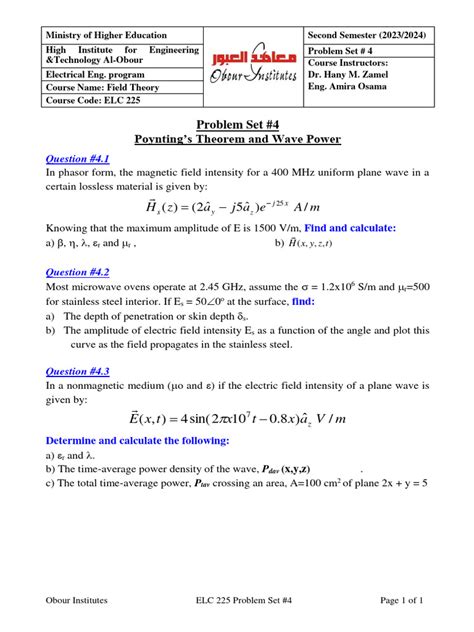 Problem Set 4 Poyntings Theorem And Wave Power Pdf