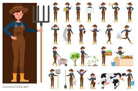 여성 농부 캐릭터 벡터 디자인세트 감정 달리기 서서 걷기와 함께 다양한 액션으로 프리젠 테이션 농부에 대한 스톡 벡터 아트 및 기타 이미지 Istock