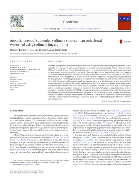Pdf Apportionment Of Suspended Sediment Sources In An Agricultural Watershed Using Sediment