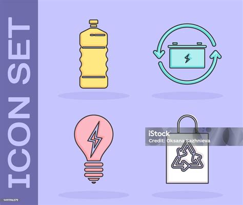 재활용이 있는 비닐 봉지 플라스틱 병 번개 기호가 있는 전구 및 재활용 기호 아이콘이 있는 배터리를 설정합니다 벡터 가방에 대한 스톡 벡터 아트 및 기타 이미지 Istock