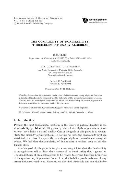 Pdf The Complexity Of Dualisability Three Element Unary Algebras