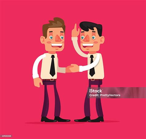 두 명의 사업가 사무실 노동자 캐릭터가 악수를 합니다 벡터 플랫 만화 일러스트레이션 경쟁자에 대한 스톡 벡터 아트 및 기타 이미지 경쟁자 계약서 고용과 노동 Istock