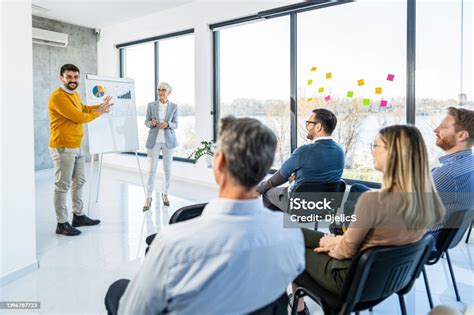 젊은 Ceo는 사무실에서 화이트 보드에 비즈니스 프리젠 테이션을하면서 동료들과 이야기합니다 Staff Meeting에 대한 스톡 사진 및 기타 이미지 Istock