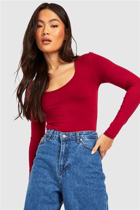 Red Scoop Neck Long Sleeve Bodysuit Boohoo Uk