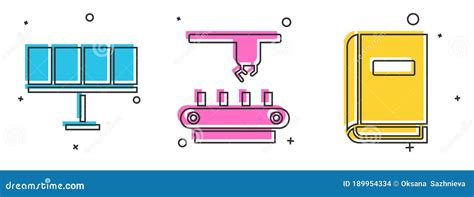 Set Solar Energy Panel Factory Conveyor System Belt And User Manual Icon Vector Stock Vector