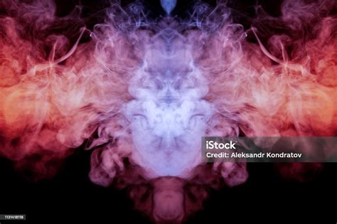 유령 머리의 형태로 신비한 모양의 보라색과 파란색 연기의 멀티 컬러 패턴 또는 검은 고립 된 배경에 이상한 생물 파도와 증기의 추상 패턴입니다 개념에 대한 스톡 사진 및