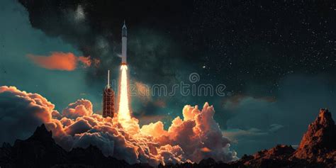 Space Exploration Concept With Rocket Launch Into Starry Sky Symbolizing Ambition Innovation