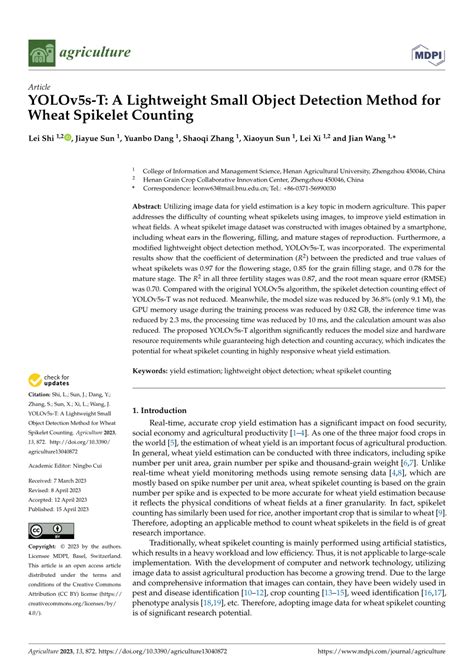 Pdf Yolov5s T A Lightweight Small Object Detection Method For Wheat Spikelet Counting