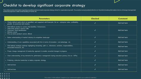 Strategic Corporate Planning To Attain Checklist To Develop Significant Cor