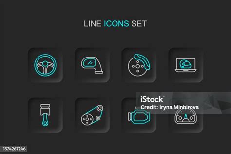 라인 속도계 엔진 점검 레이싱 트랙 엔진 피스톤 헬멧 캘리퍼가 있는 자동차 브레이크 디스크 거울 및 스티어링 휠 아이콘을 설정합니다 벡터 거리에 대한 스톡 벡터 아트 및