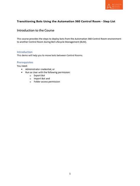 transitioning bots using the automation 360 control room step list