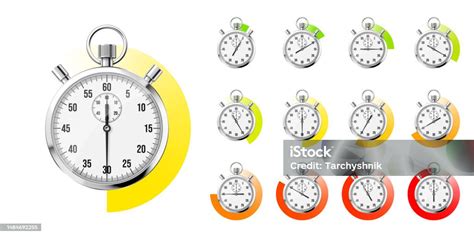 현실적인 클래식 스톱워치 샤이니 메탈 크로노미터 다이얼이 있는 타임 카운터 분과 초를 보여주는 다채로운 카운트 다운 타이머 스포츠 시작 및 종료에 대한 시간 측정 벡터 그림