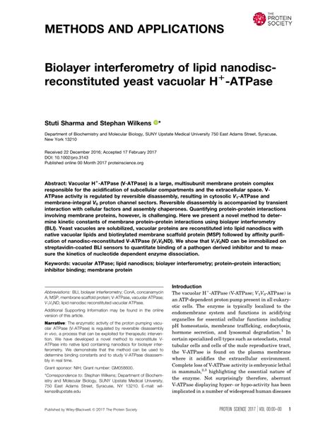Pdf Biolayer Interferometry Of Lipid Nanodisc Reconstituted Yeast Vacuolar H Atpase