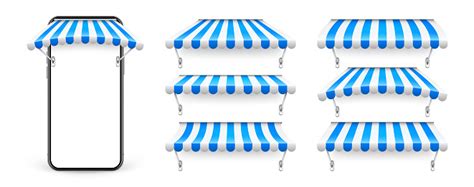 상점 차양과 금속 마운트가 있는 스마트폰 온라인 인터넷 쇼핑 현실적인 파란색 줄무늬 카페 차양 야외 시장 텐트 지붕 캐노피 여름