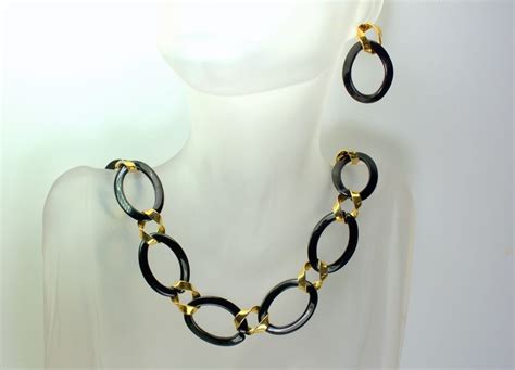 Monet Halskette Und Ohrringe Vintage Gold Schwarz Emaille Schmuck Set