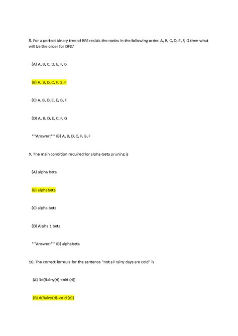 Ai Mcqs For A Perfect Binary Tree Of Bfs Resists The Nodes In The Following Order A B C D