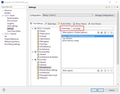 Linker Coverage Flag Mcu On Eclipse