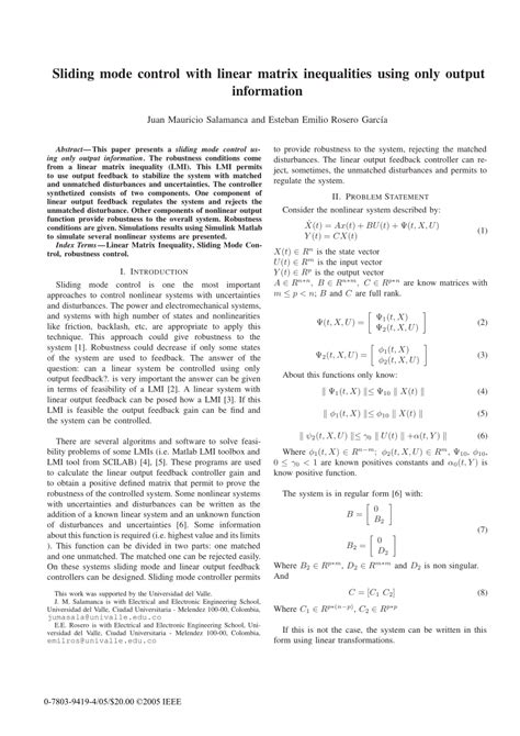 Pdf Sliding Mode Control With Linear Matrix Inequalities Using Only Output Information