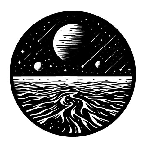 A Stylized Black And White Circular Illustration Depicting A Celestial Scene With Planets