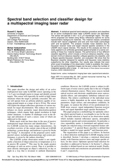 Pdf Spectral Band Selection And Classifier Design For A Multispectral