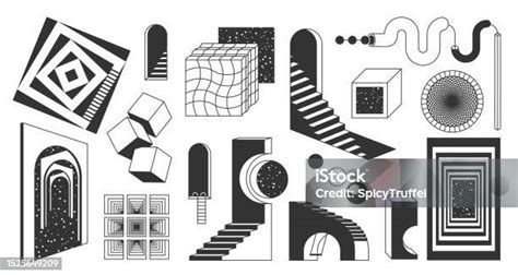 초현실적인 미니멀 라인 검은 계단 아치 및 문 3d 콜라주 기하학적 도형 모양 추상적인 창조적 우주 복고풍 환상 공간 디자인을 위한 단색 요소 벡터 일러스트레이션 문에 대한