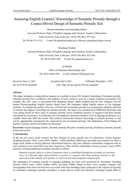 Pdf Assessing English Learners Knowledge Of Semantic Prosody Through A Corpus Driven Design