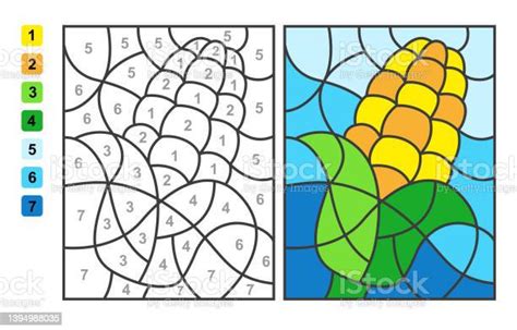 벡터 채색 페이지 숫자 옥수수에 의한 색상 어린이 교육 및 활동을위한 퍼즐 게임 0명에 대한 스톡 벡터 아트 및 기타 이미지 0명 공부 교습 Istock