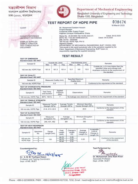 Dn160 Pn10 Hdpe Pipe Buet Test Report Pdf