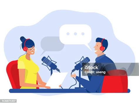 팟캐스트의 개념 남자와 여자가 이야기하거나 스튜디오에서 라이브로 이야기하는 마이크를 가진 팟캐스트 발표자 벡터 평면 그림