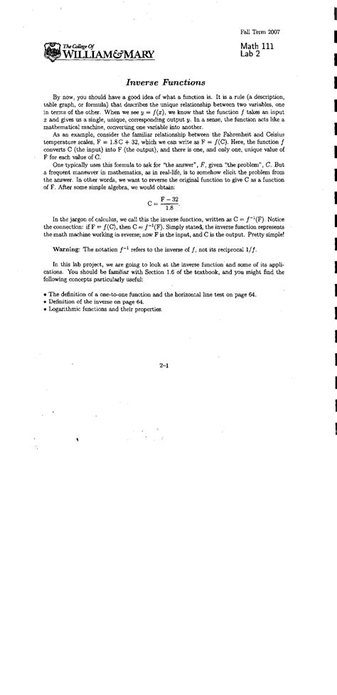 Inverse Functions Laboratory 2 Fall 2007 Math 111 Docsity