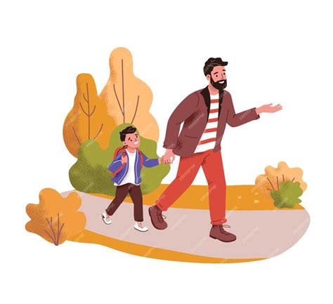 아버지는 아들을 학교로 데려다 주고 부모와 함께 1학년 학생은 아버지와 아이가 손을 잡고 함께 습니다 행복한 아이는 배을 들고 바탕에 평평한 고립된 터 일러스트를 가지고