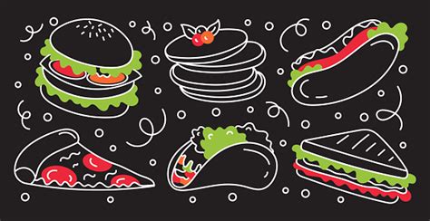 패스트 푸드 낙서 요소 세트 정크 푸드 버거 핫도그 부리토 샌드위치 피자 검은 색 배경에 격리 감자 요리에 대한 스톡 벡터 아트 및 기타 이미지 Istock