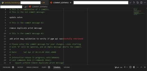 how to combine all commits into one with gitlens interactive rebase in