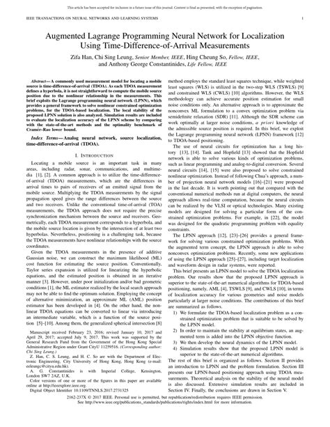 Pdf Augmented Lagrange Programming Neural Network For Localization