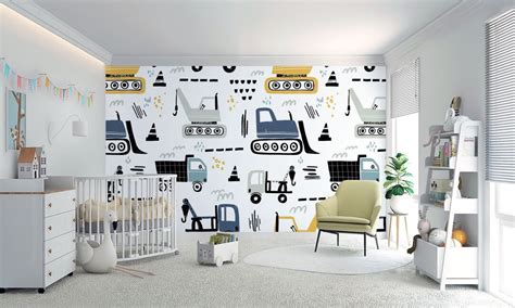 Construction Diggers And Cranes Pattern Wallpaper Mural Etsy