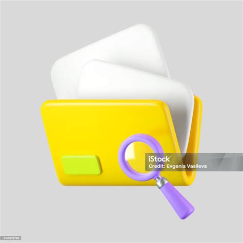 3d 노란색 컴퓨터 파일 폴더 아이콘 와 빈 문서 와 돋보기 와 배경에 고립된 관리 파일 개념을 위해 종이로 폴더를 렌더링합니다 3d 만화 간단한 벡터 일러스트 레이 션 3