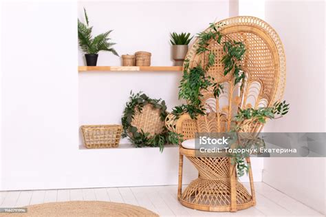 거실의 흰 벽 옆에 있는 등나무 공작 안락의자 와비 사비 룸 인테리어 에코 천연 가구 디자인 공작 고리 버들 세공 의자와 세련된 침실 인테리어에 장식과 나무 선반 공작새에