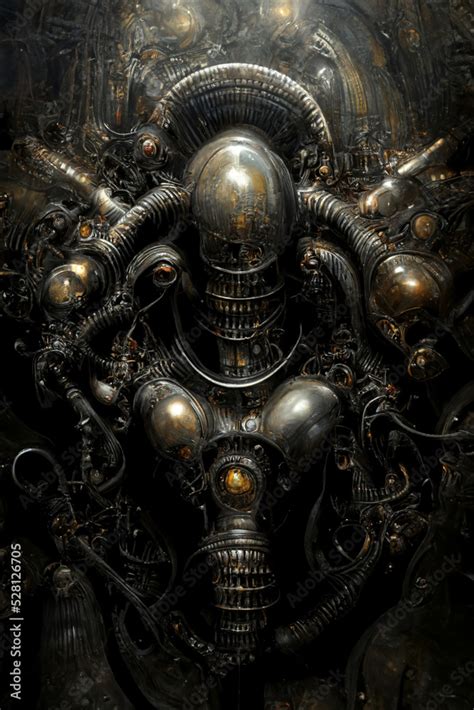 Dark Metallic Alien Xenomorph Hr Giger Style Texture Spaceship Pipes And Creepy Futuristic Wall