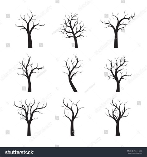 Set Black Winter Naked Trees Vector Stock Vector Royalty Free