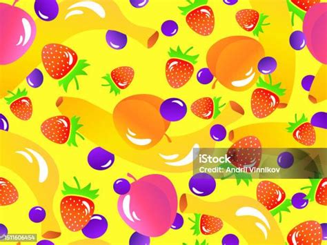 바나나 딸기 복숭아 블루베리와 완벽한 패턴 여름 이국적인 과일은 3d 스타일의 그라데이션 색상과 혼합됩니다 배너 포스터 및 홍보 자료를 디자인합니다 벡터 그림 0명에 대한